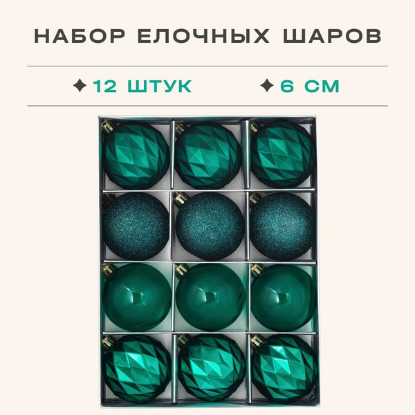 Шары елочные, новогодние в наборе 12 шт по 6 см, цвет: зеленый купить c ...