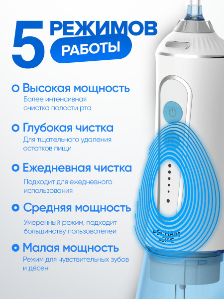 Ирригатор для полости рта и зубов портативный PECHAM Active White PC-2000 дорожный с чехлом ...