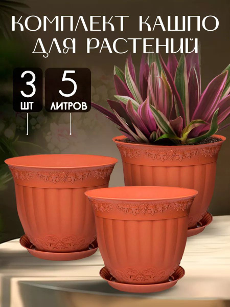 215* Комплект горшок 3шт пластиковый кашпо для цветов Elfplast "Флора" 5 л, кашпо для растений с ...
