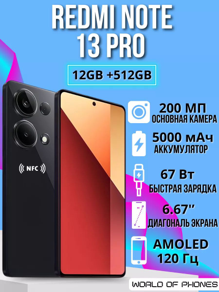 Смартфон Xiaomi Note 13 Pro 5G поддерживает русский язык + NFC + Google Play 512 ГБ 12 ГБ Черный ...