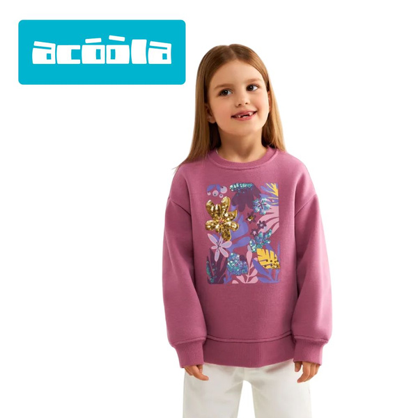 Свитшот Девочки Acoola сливовый, размер 98 свободный Длинный Цветочный Китай гипоаллергенный ...