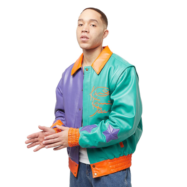 Бомбер Мужской Karl Kani зеленый, фиолетовый Кожа, размер 56, 58 Длинный Демисезон прямой Без ...