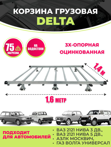 Багажник корзина на крышу автомобиля DELTA на водостоки 3-х опорный для ...