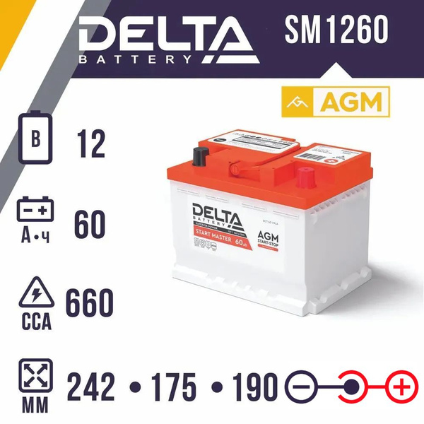 Аккумулятор DELTA START MASTER 1260 AGM (12В 60Ач 660A(EN) 242x175x190 обратной полярности ...