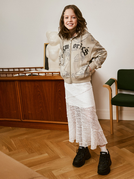 Юбка Девочки Acoola молочный Трикотаж, Полиэстер прямая, карандаш, размер 158 Резинка В сеточку ...