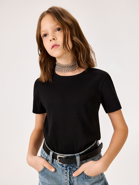 Футболка Девочки Acoola черный каменный Короткий, размер 146 Трикотаж, Хлопок Однотонный ...