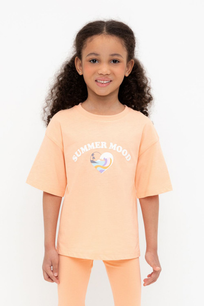 Футболка Девочки CROCKID светло-оранжевый Короткий, размер 104 Трикотаж, Супрем Надписи, Сердца ...
