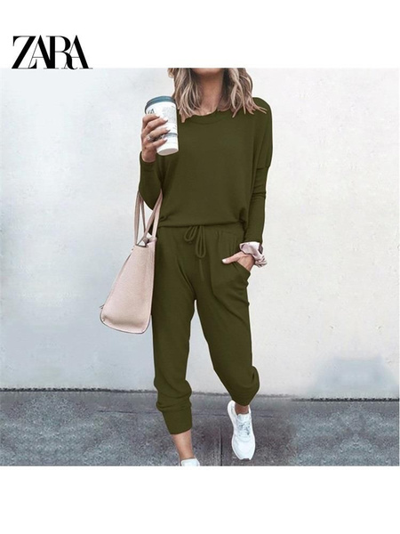 Комплект одежды Женский Zara Повседневный травяной зеленый, размер 48 Хлопок Однотонный, рост ...