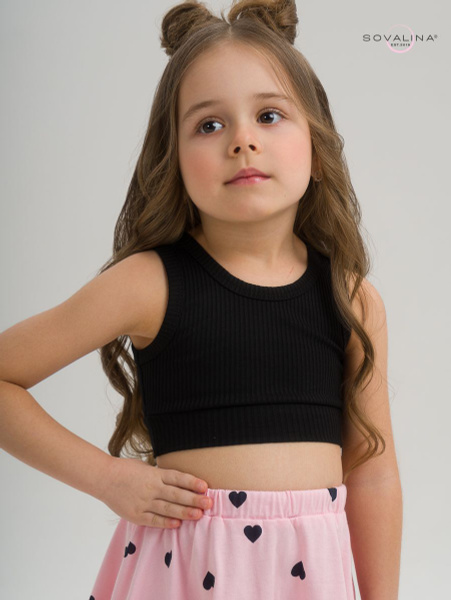 Кроп-топ Девочки SOVAlina черный, размер 122 Хлопок, Эластан Бретельки Повседневный В рубчик ...