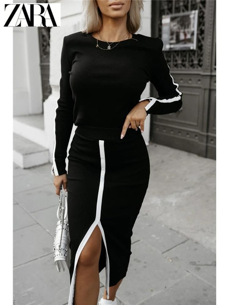 Комплект одежды Женский Zara Повседневный двойка черный, размер 48 Хлопок Однотонный, рост 155 ...