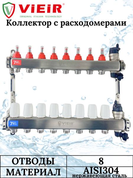Коллектор для теплого пола 8 контуров в сборе распределительный с расходометрами 1"x3/4" VIEIR ...