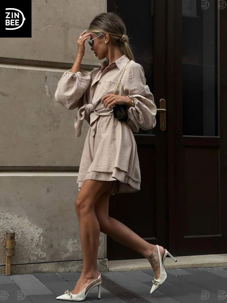 Домашний комплект Женский ZinBee Полиэстер, размер 42 хаки Однотонный Длинный Китай купить c ...