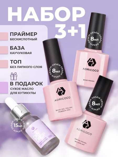 Набор средств для маникюра ADRICOCO: cold rubber base (8 мл), бескислотный праймер бонд (8 мл ...
