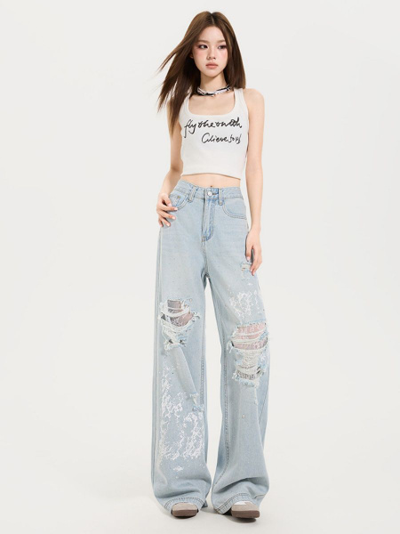 Джинсы Женский Pull&Bear синий укороченные Хлопок, размер 44 оверсайз Молния Средняя Кружево ...