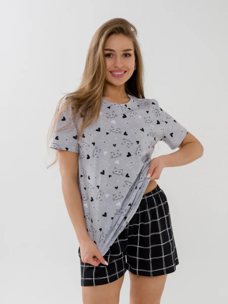Пижама Женский NATIVIA с шортами Хлопок, Кулирная гладь, размер 50 серый Короткий Россия Без ...