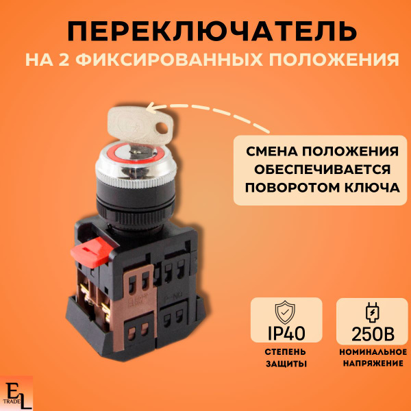 Переключатель на 2 фиксированных положения с ключом, черный, 230В, I-O ...