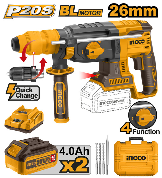 Перфоратор Аккумуляторный INGCO Бесщеточный 20В SDS-plus INGCO / 2 АКБ ...