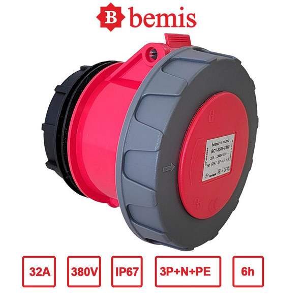 Розетка панельная CEE, безвинтовая, 32A, 5P, IP67, 6h, Bemis, BC1-3505 ...