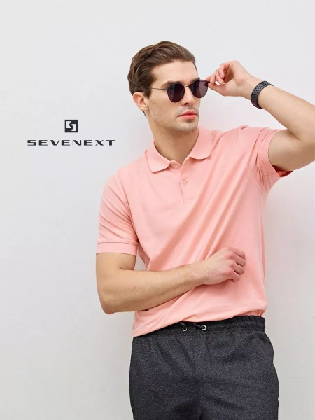 Поло Мужской Sevenext розовый Короткий, размер 48 Хлопок Однотонный прямой Воротник Офисный ...