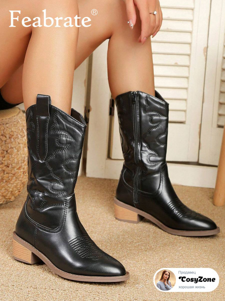 Казаки Женский Feabrate, размер 43 черный Демисезон Толстый каблук Молния купить c доставкой на ...