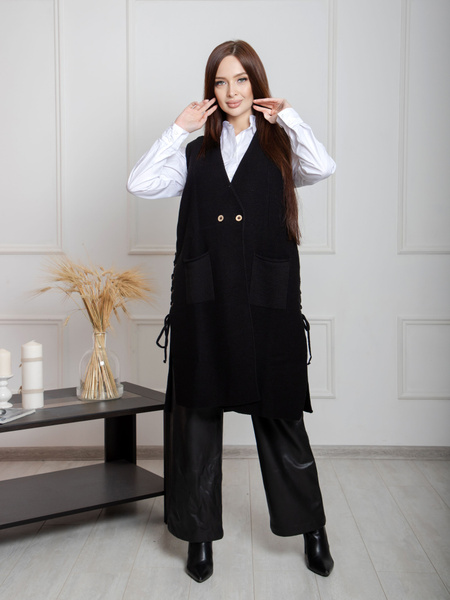 Жилет Женский SAFI&AMI Collection черный Трикотаж, размер 52 прямой Пуговицы Логотип ...