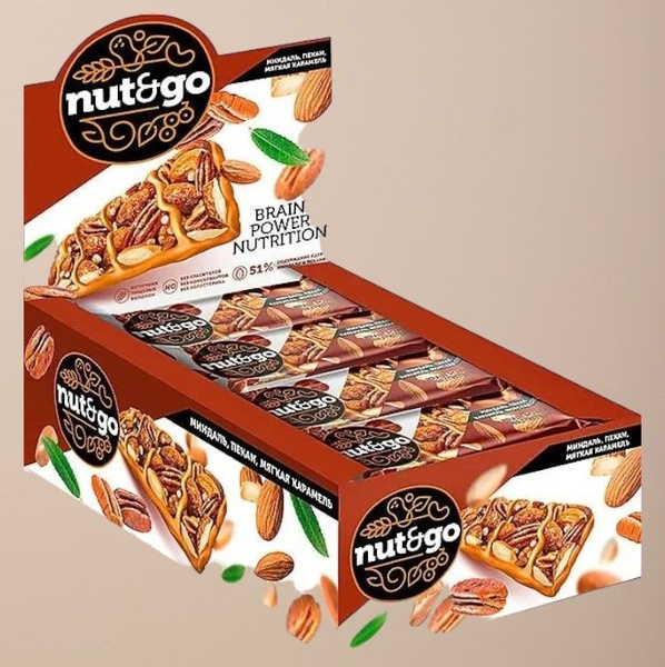 Nut&Go, батончик с миндалём, пеканом, карамелью, морской солью, упаковка 18 штук по 36 грамм ...