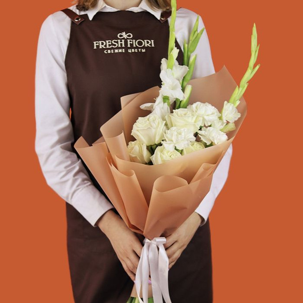 Гладиолус, Гвоздика, Пионовидная роза FRESHFIORI, цвет белый, 11 шт ...