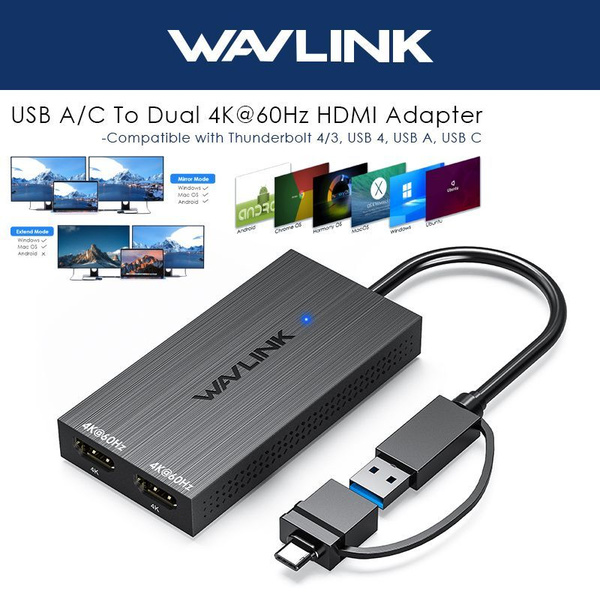 WAVLINK USB A/USB C к адаптеру Dual HDMI DisplayLink Dual 4K @ 60 Гц Концентратор монитора для ...