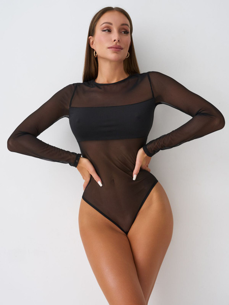 Боди Женский ANDETTA черный Длинный, размер 46 В сеточку Крючки Полиэстер, Сетка Однотонный ...