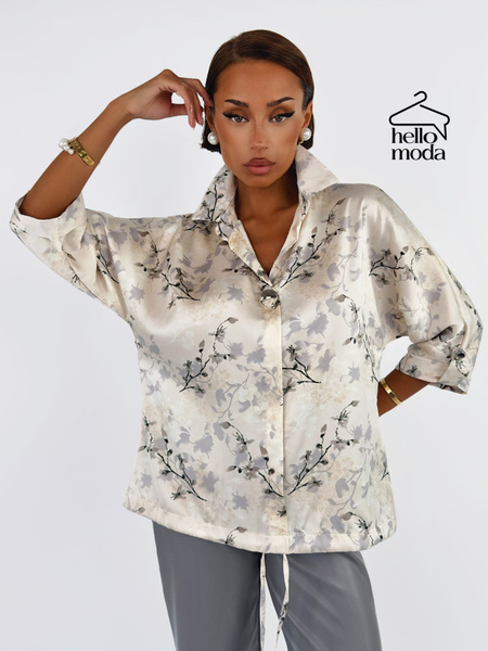 Блузка Женский HELLO MODA! кремовый, черный Полиэстер Три четверти, размер 44 Шнурок Россия ...