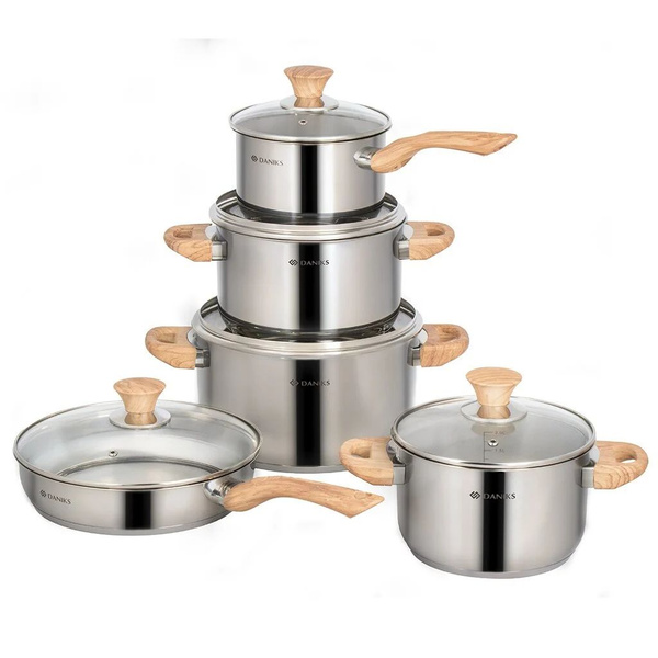 Daniks Набор посуды нержавеющая сталь, 10 предметов, кастрюли 2.9,3.9,6 л, ковш 2.1 л, сковорода ...