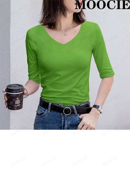 Футболка Женский MOOCIE зеленый Средний, размер 56 Полиэфирное волокно Однотонный Повседневный ...