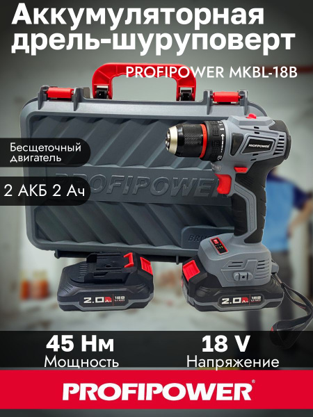 Бесщеточный аккумуляторный шуруповерт PROFIPOWER MK-BL18B 18В 45Нм 2*2Ач АКБ Кейс купить на OZON ...