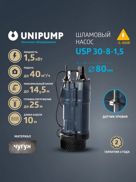 Погружной дренажный шламовый насос UNIPUMP USP 30-8-1,5 (песковой, грязевой) купить на OZON по ...