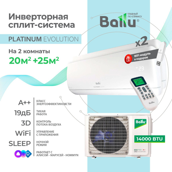Инверторная Мульти сплит-система BALLU на 2 комнаты (20м2 + 25м2) BA2OI ...