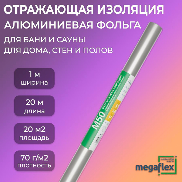 Фольга для бани и сауны алюминиевая, рулон 20м2 Megaflex М50/ Отражающая изоляция для дома ...