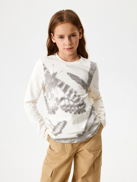 Лонгслив Девочки Acoola молочный Длинный, размер 134 Трикотаж, Хлопок прямой Повседневный ...