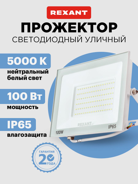 Прожектор уличный светодиодный REXANT 100 Вт, 8000 Лм, холодный свет, влагозащищенный, для сада ...