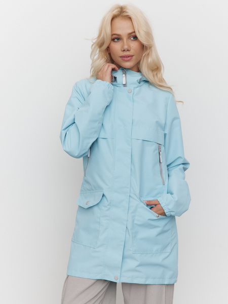 Ветровка Женский Avese Карманы голубой капюшон Breathable, Waterproof, размер 50 Длинный Лето ...