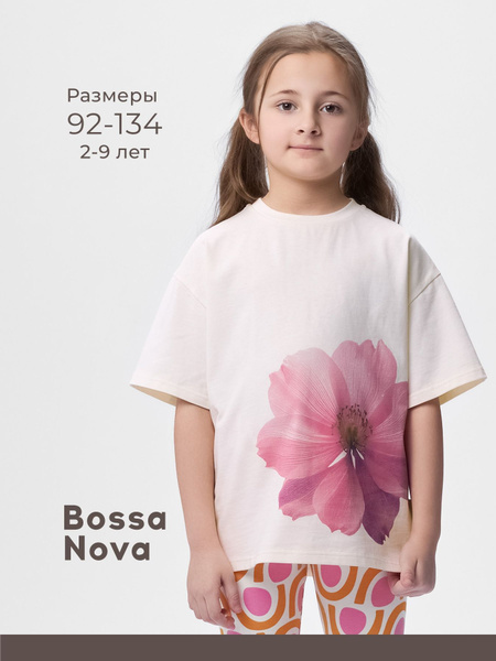 Футболка Девочки Bossa Nova молочный Короткий, размер 104 Супрем, Хлопок Цветочный свободный ...