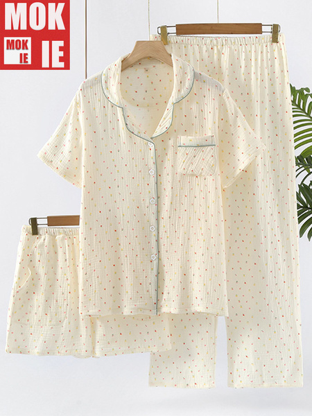 Пижама Женский Mokie с брюками Муслин, Хлопок, размер 50 Сердца бежевый нейтральный Длинный ...