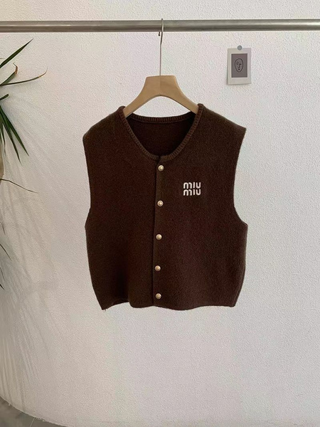 Топ Женский Miu Miu темно коричневый размер 42 Хлопок Без рукавов Повседневный Вышивка Китай