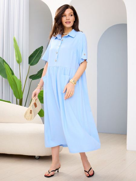 Платье Женский ILADY голубой платье-рубашка Повседневный Короткий Лен, размер 58 Пуговицы А ...