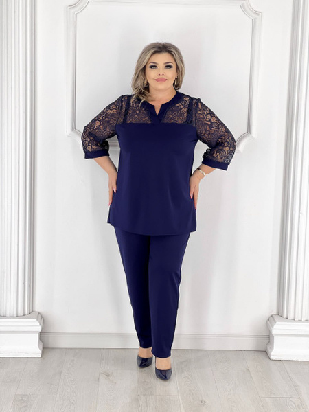 Комплект одежды Женский Assorti-moda Вечерний/праздничный брючный темно-синий, размер 60 ...