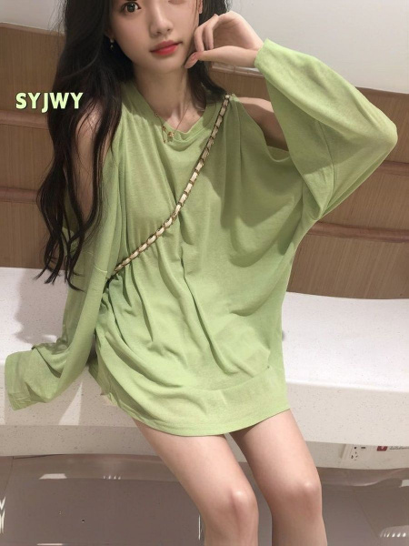 Лонгслив Женский SYJWY зеленый лишайник Длинный, размер 50 Софт прямой Другое Повседневный ...