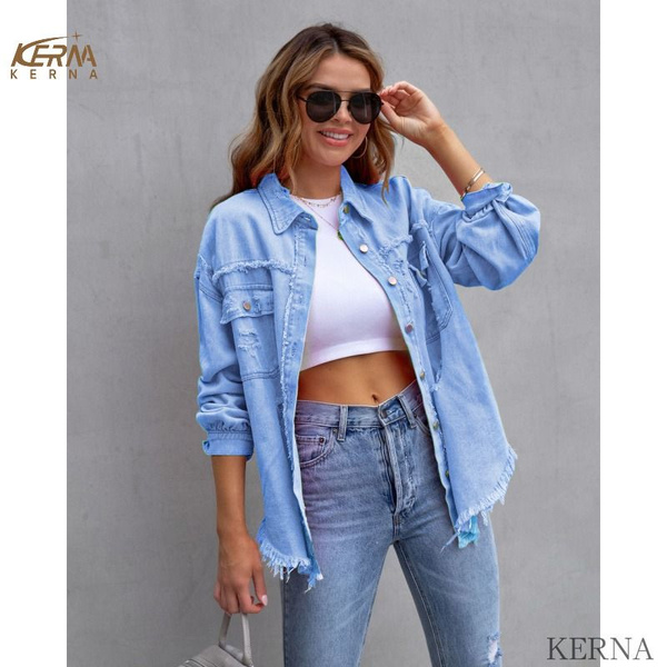 Куртка джинсовая Женский KERNA Карманы голубой пиджачный Джинс, размер 56, 58 Длинный Демисезон ...