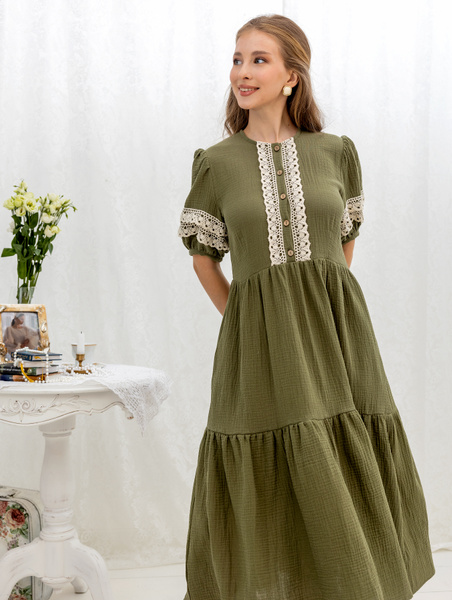 Платье Женский Cher-Neva оливковый Вечерний/праздничный Короткий Хлопок Кружево, размер 50 ...