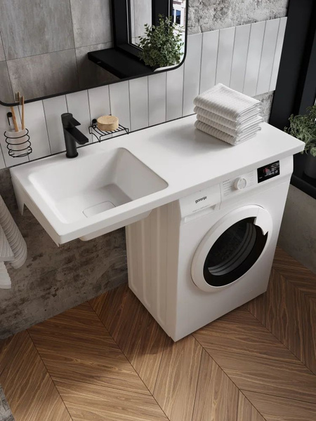 Раковина над стиральной машиной STWORKI Мальмё 110 левая прямоугольная, белая, с правым крылом ...