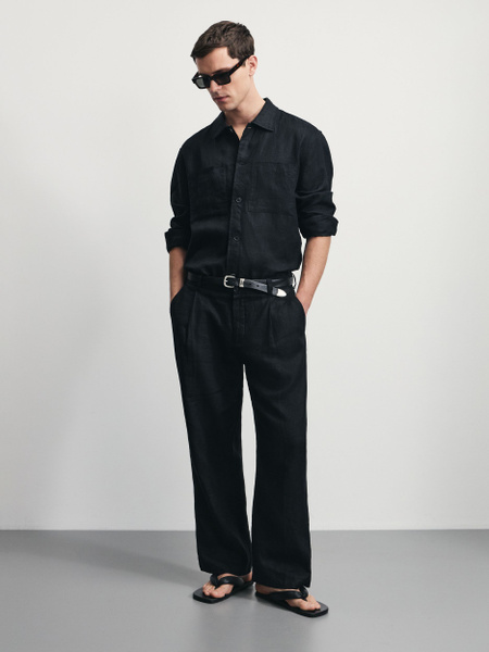 Брюки Мужской Zarina прямые черный Лен Повседневный, размер 52 Молния прямой Демисезон Карманы ...