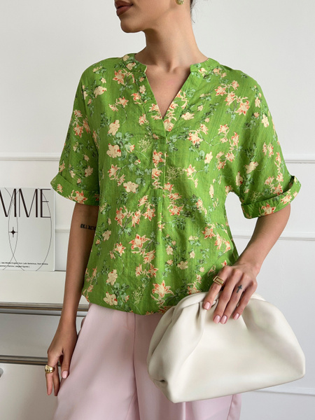 Блузка Женский HELLO MODA! ярко-салатовый Хлопок Короткий Цветочный, размер 52, 54 А-силуэт Без ...